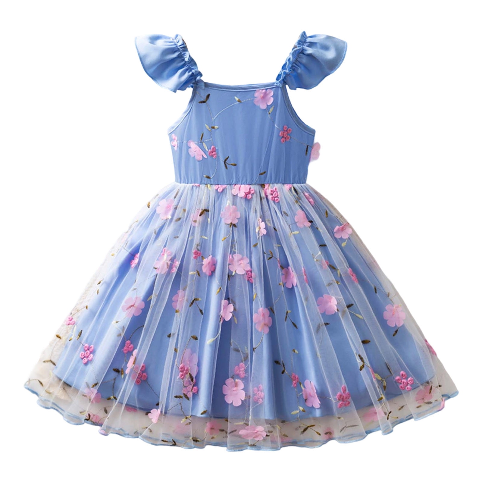 Bjutir Girl Dress Floral Embroidered Mesh Party With Flutter Sleeves ...