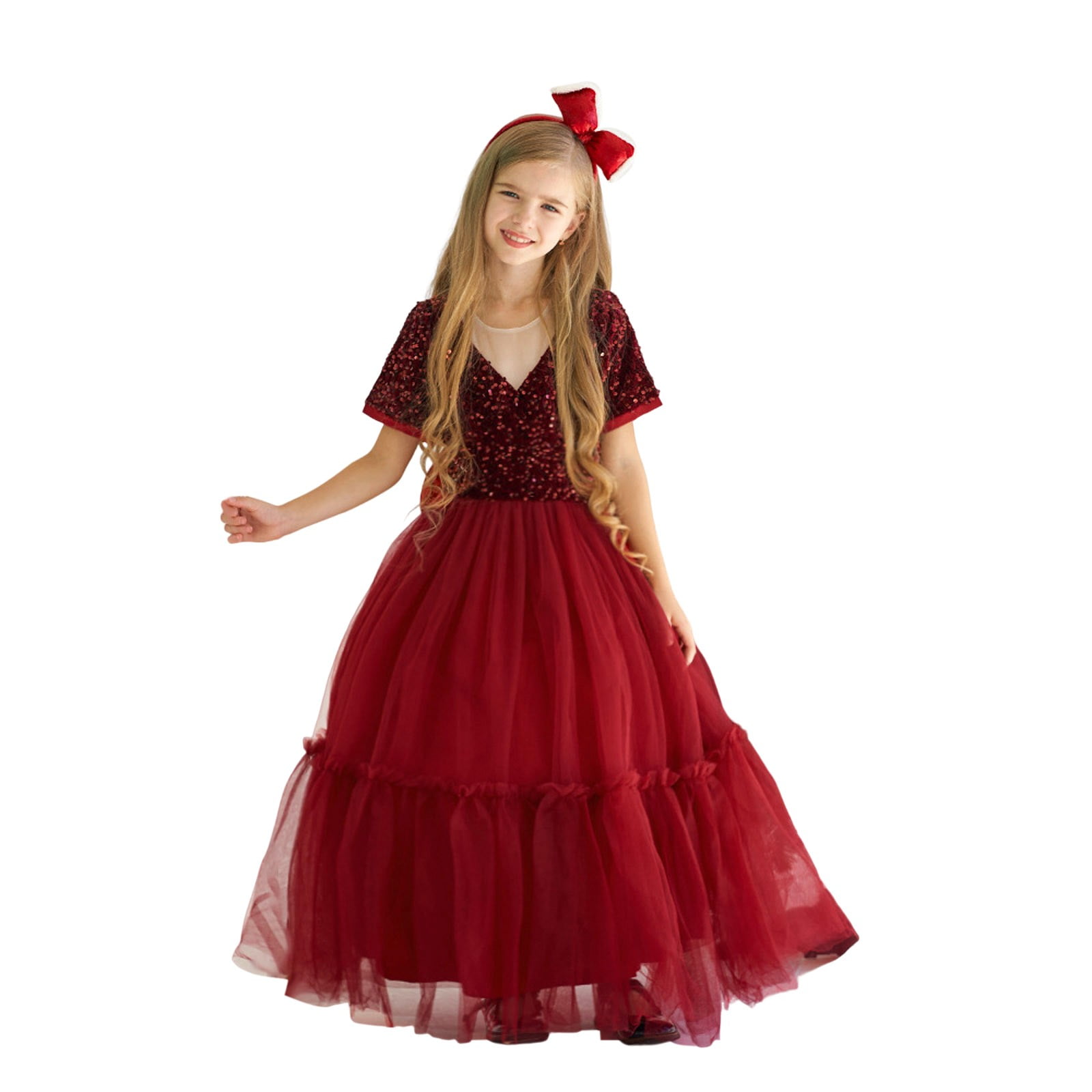 Bjutir Girls Dresses Christmas Short Sleeve Bowknot Solid Color Sequin ...