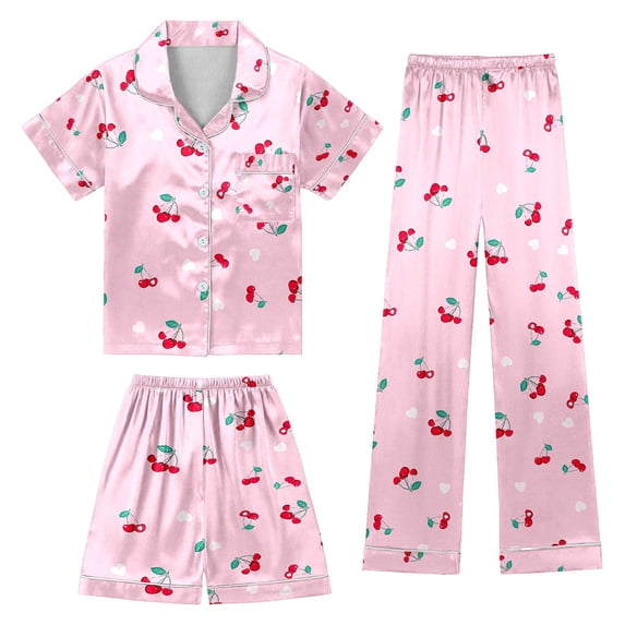 Bjutir Girls Outfit Set Cherry Print Short Sleeve Lapel Neck Shirt With ...