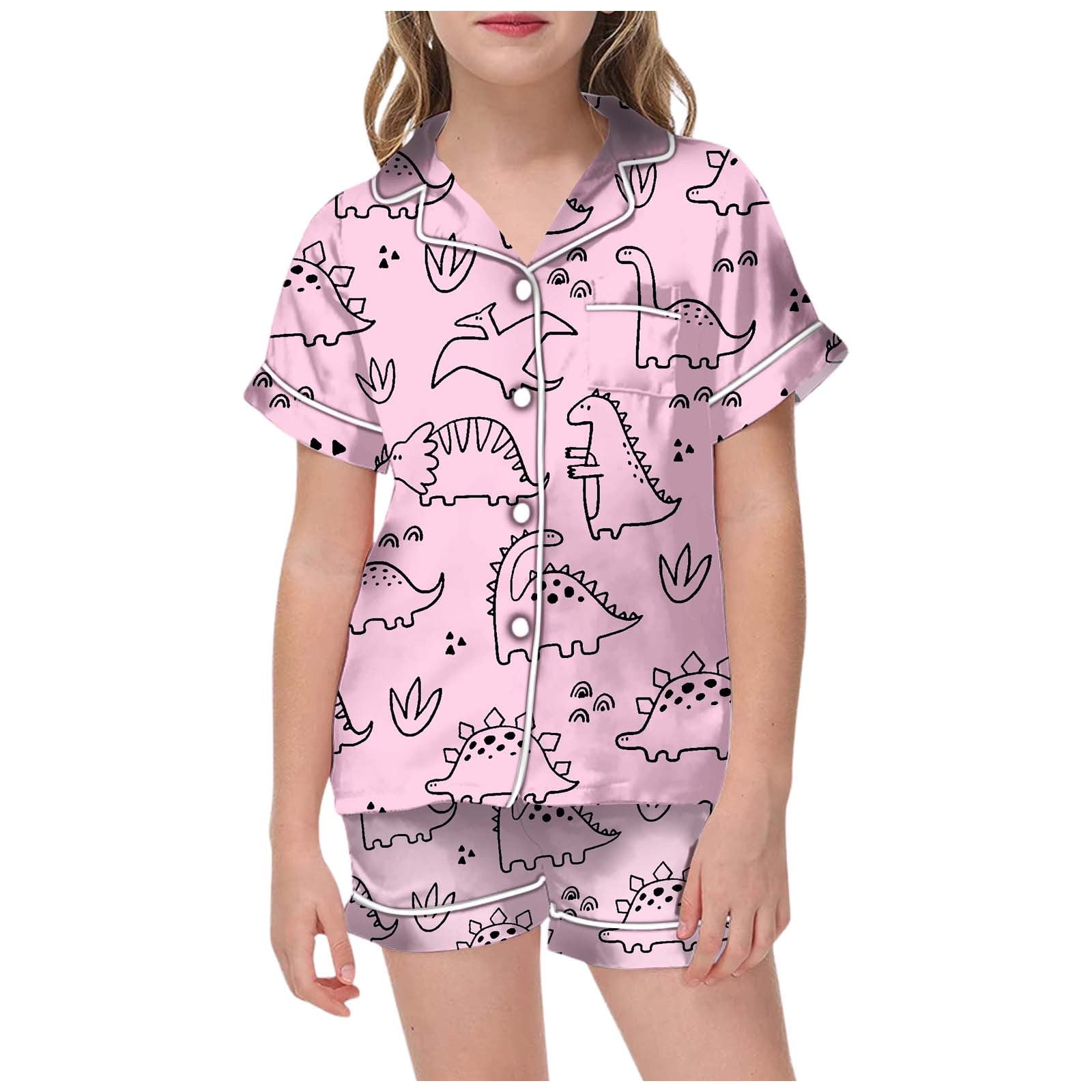 Bjutir Girls Outfit Set Dinosaur Print Short Sleeve Lapel Neck Shirt ...
