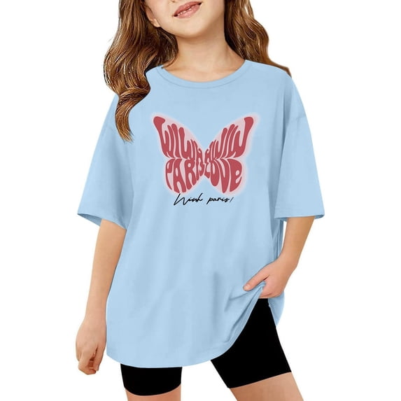 Bjutir Girls Shirts Summer Butterfly Print Short Sleeve Crew Neck Tops ...