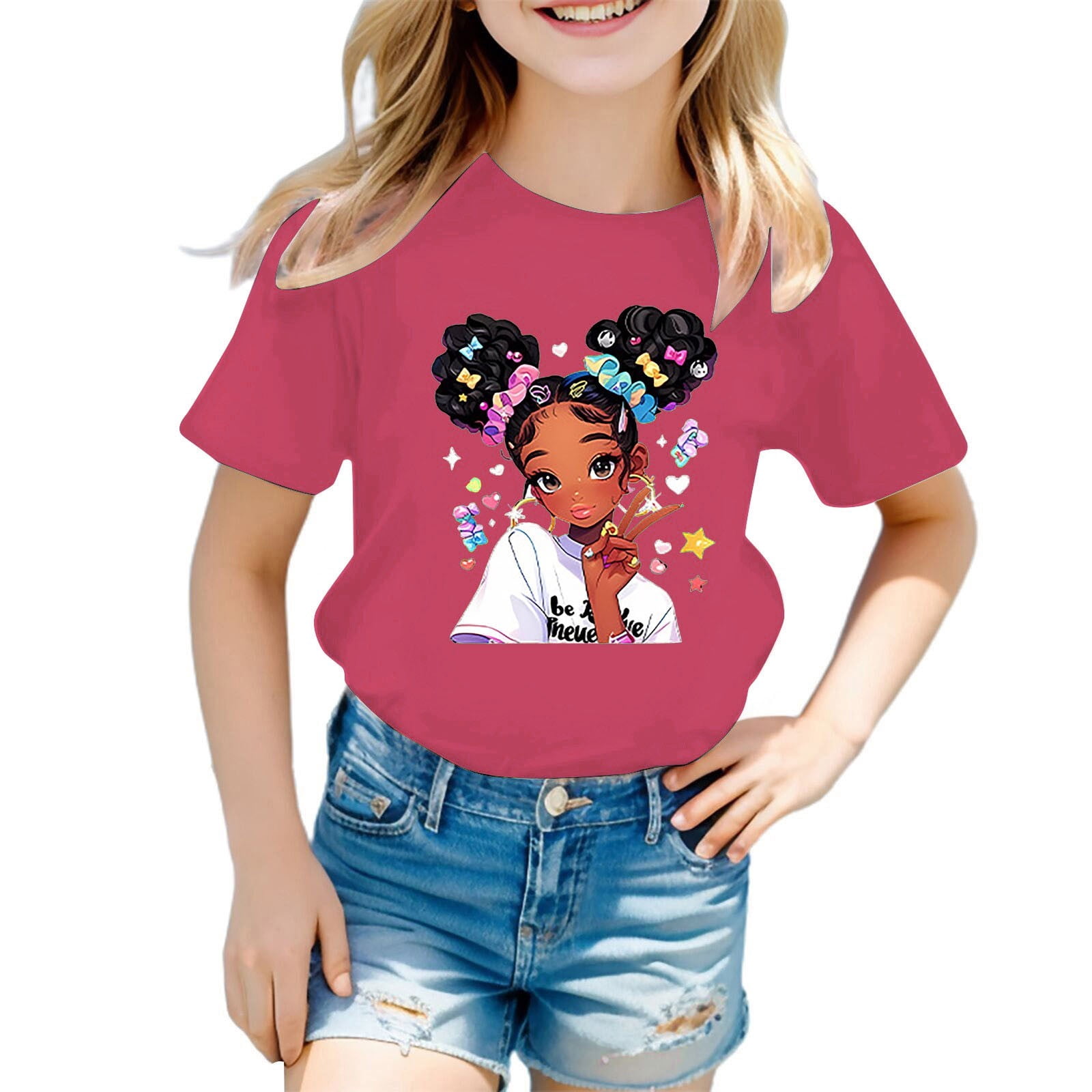 Bjutir Girls Shirts Summer Graphic Print Short Sleeve Crew Neck Tops ...