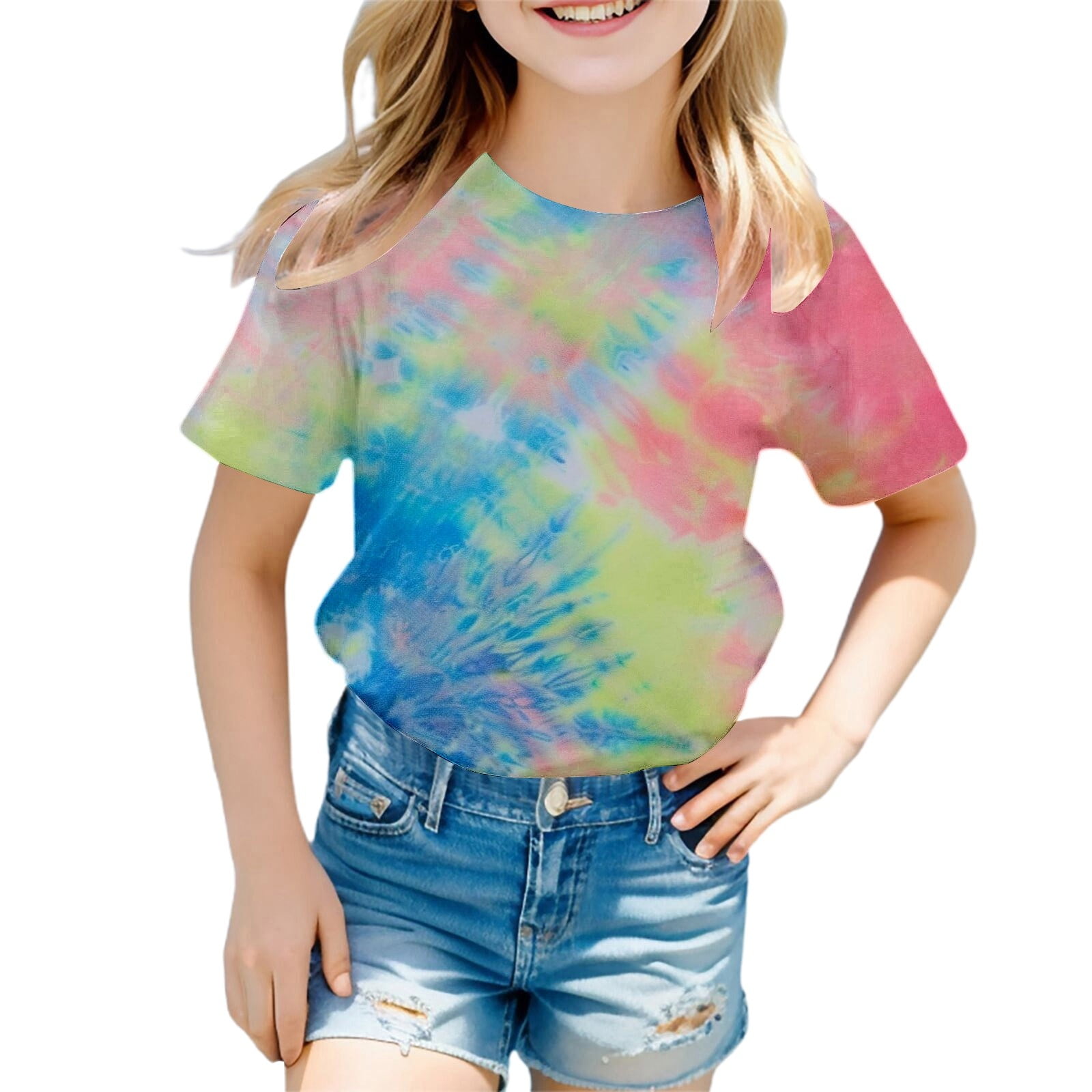Bjutir Girls Shirts Summer Tie Dye Print Short Sleeve Crew Neck Tops ...