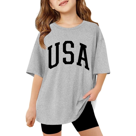 Bjutir Girls Shirts Summer Usa Letter Print Short Sleeve Crew Neck Tops ...