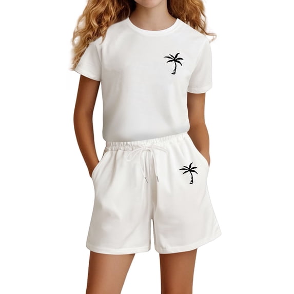 Bjutir Kids Girls Outfit Set Coconut Tree Print Short Sleeve Crew Neck ...