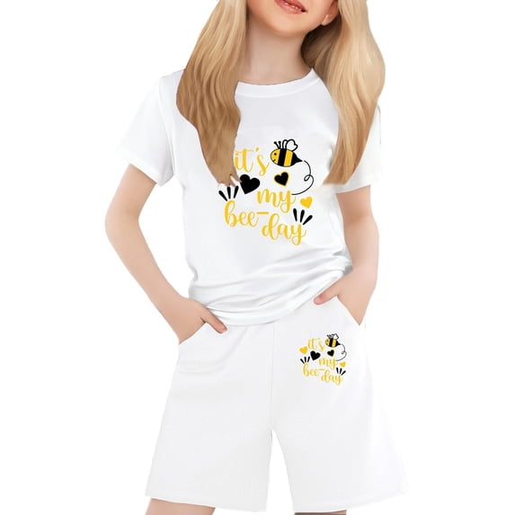 Bjutir Kids Girls Outfit Set Letter Bee Print Short Sleeve Crew Neck T ...