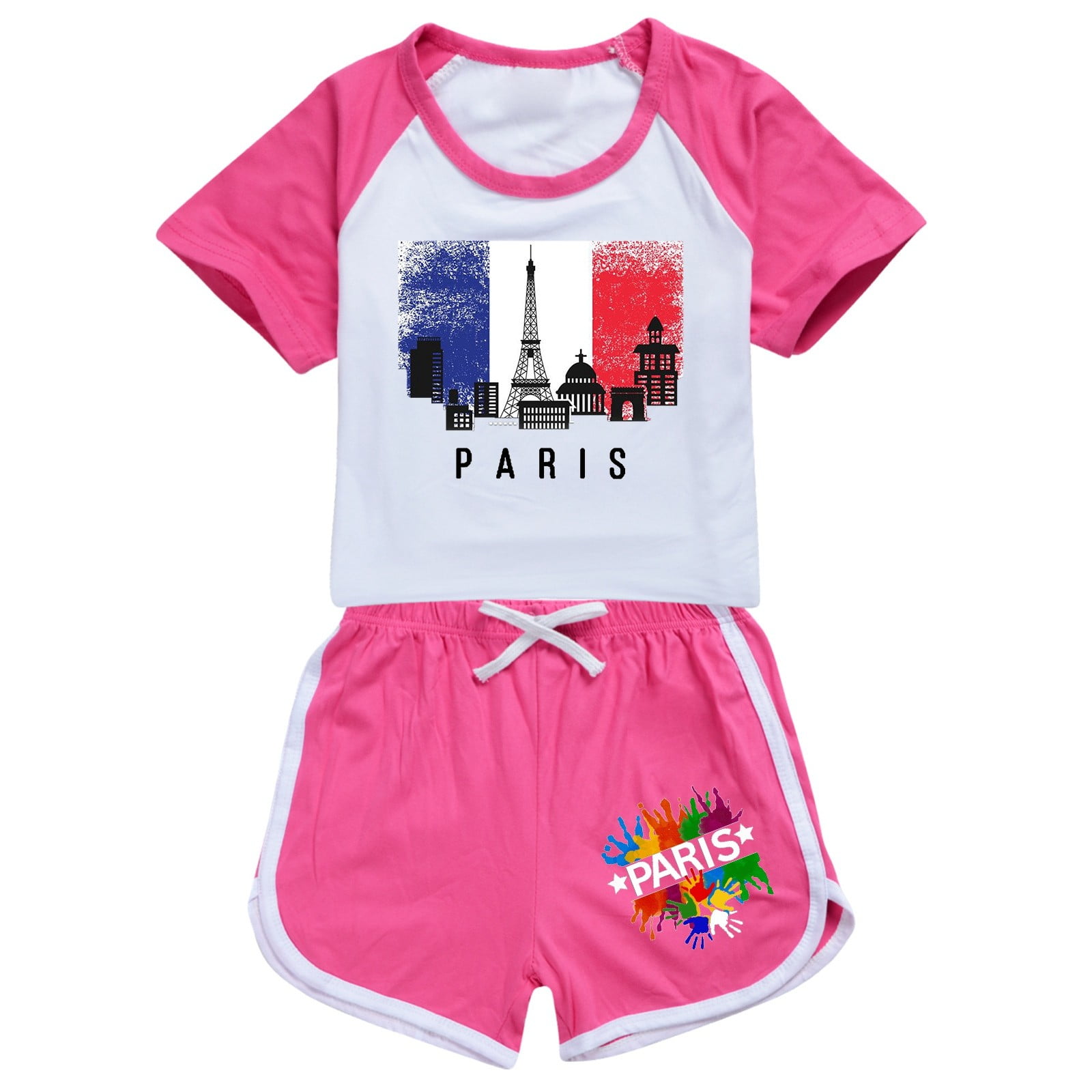 Bjutir Kids Girls Outfit Set Paris Print Short Sleeve Crew Neck Shirt ...