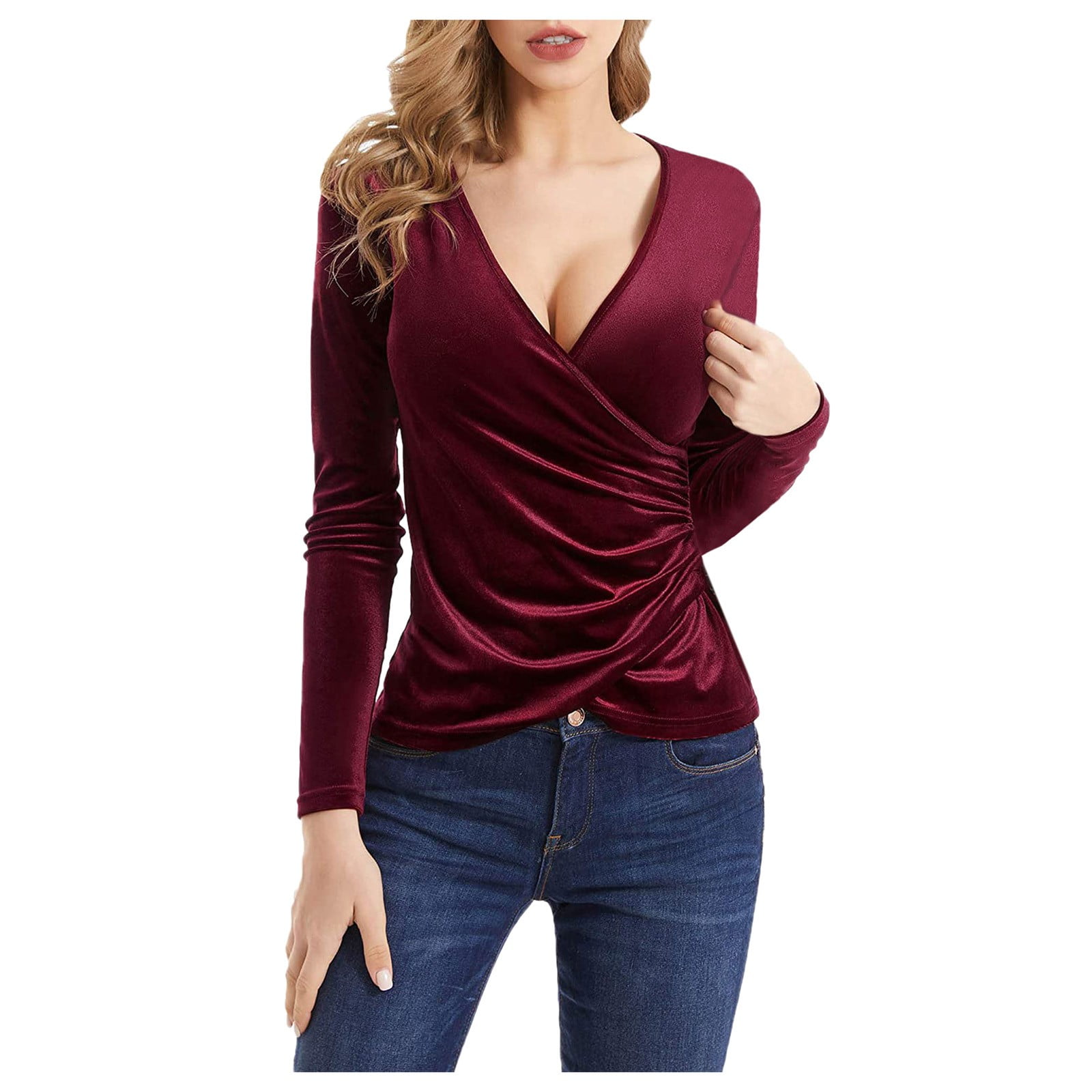 Bjutir Oversized T Shirts For Women Women Deep V Neck Long Sleeve Velvet Unique Cross Wrap Sexy