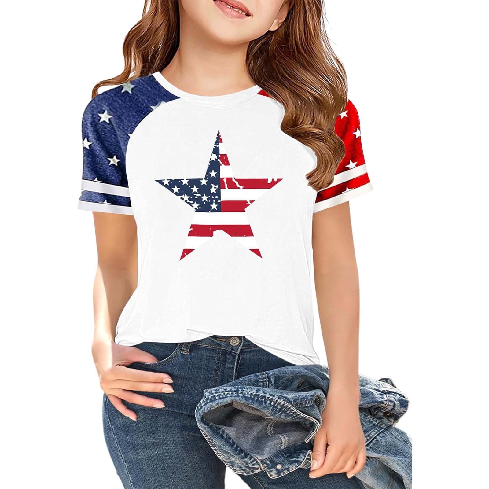 Bjutir T-Shirts For Girls 4Th Of July Flag Print Short Sleeve Crew Neck ...