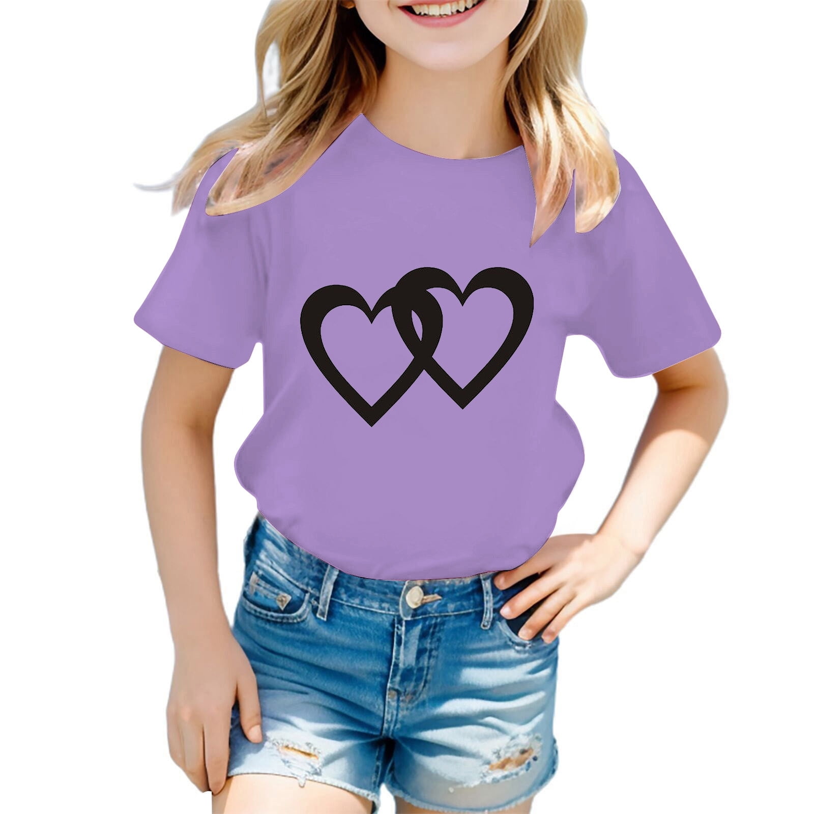 Bjutir T-Shirts For Girls Heart Print Short Sleeve Crew Neck Shirts ...
