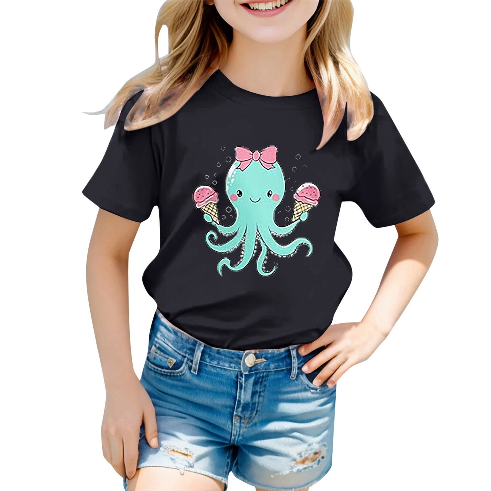 Bjutir Tees For Girls Octopus Cartoon Print Short Sleeve Crew Neck Tops ...