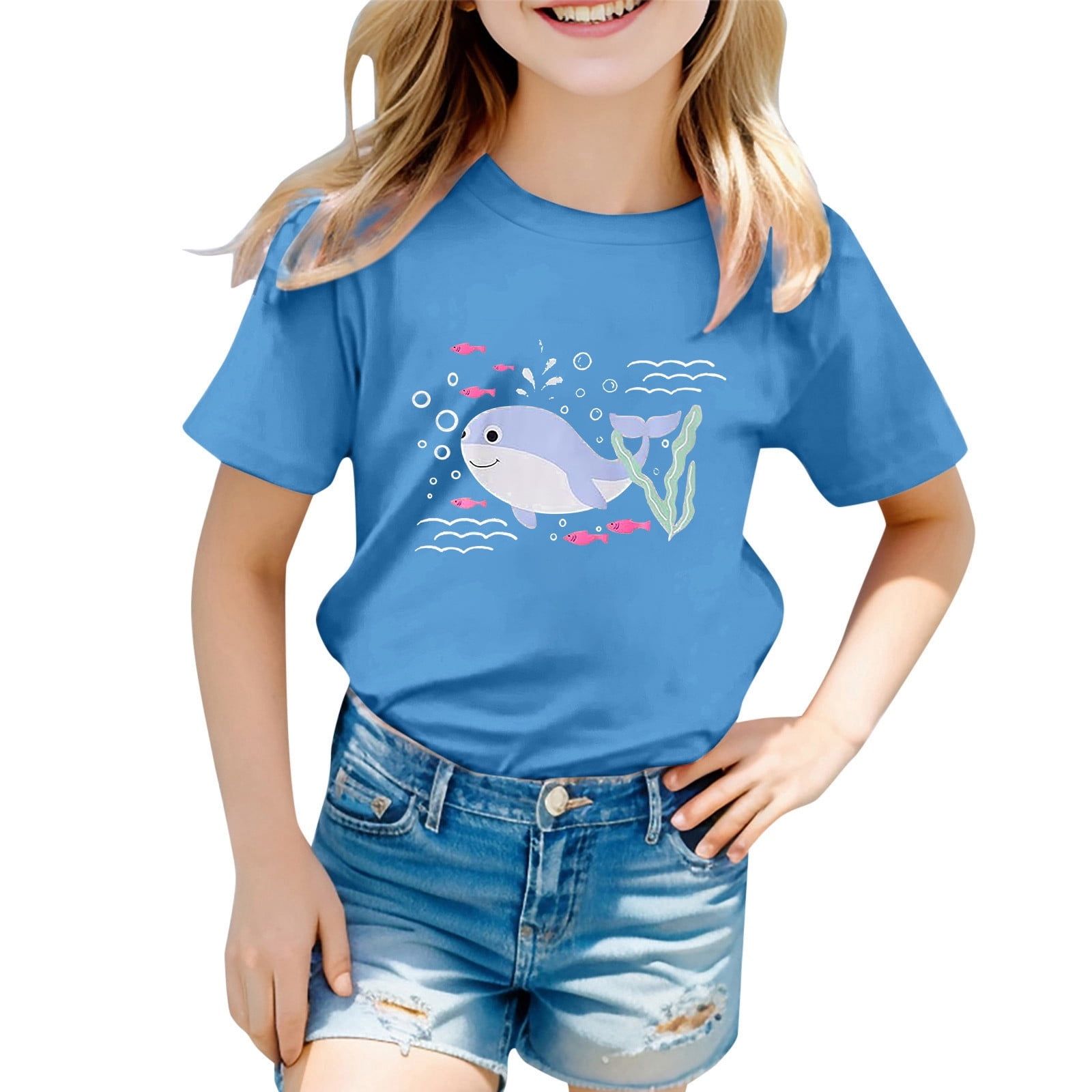 Bjutir Tees For Girls Whale Cartoon Print Short Sleeve Crew Neck Tops ...