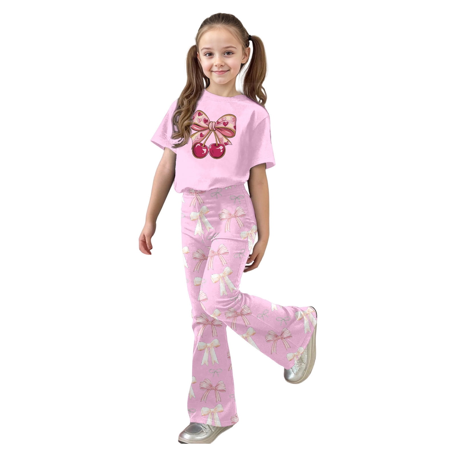 Bjutir Toddler Girls Outfit Set Bowtie Cherry Print Short Sleeve Crew ...