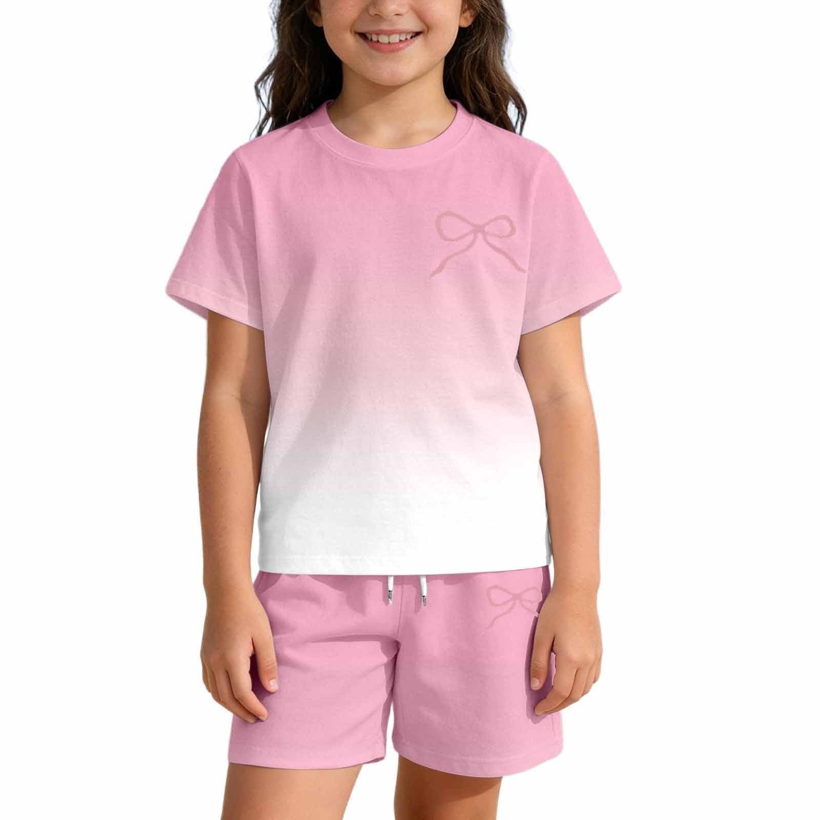 Glisme Toddler Girls Outfit Set Bowtie Gradient Print Short Sleeve Crew ...