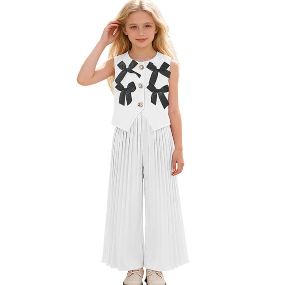 Bjutir Toddler Girls Outfit Set Bowtie Print Sleeveless Crew Neck Tops ...
