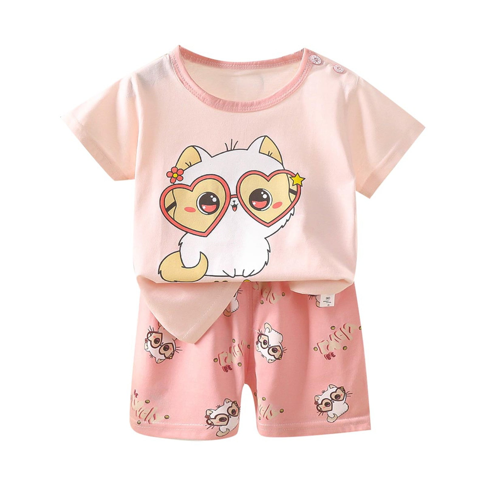 Bjutir Toddler Girls Outfit Set Cartoon Cat Print Short Sleeve Crew ...