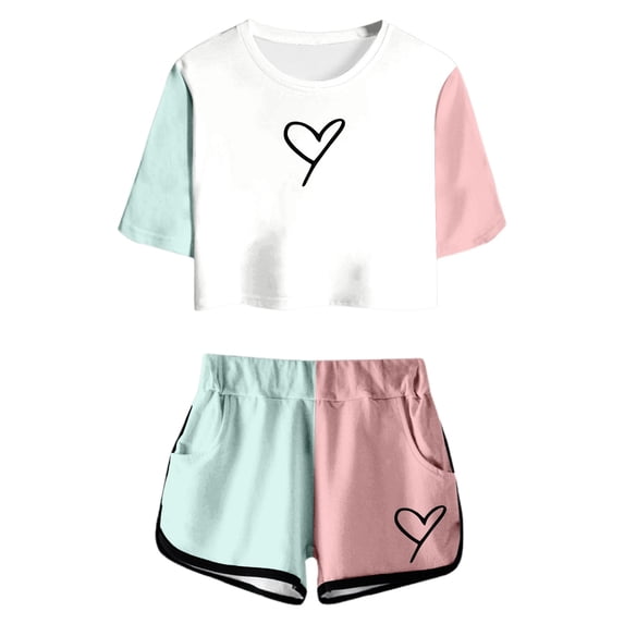 Glisme Toddler Girls Outfit Set Colorblock Heart Print Short Sleeve ...