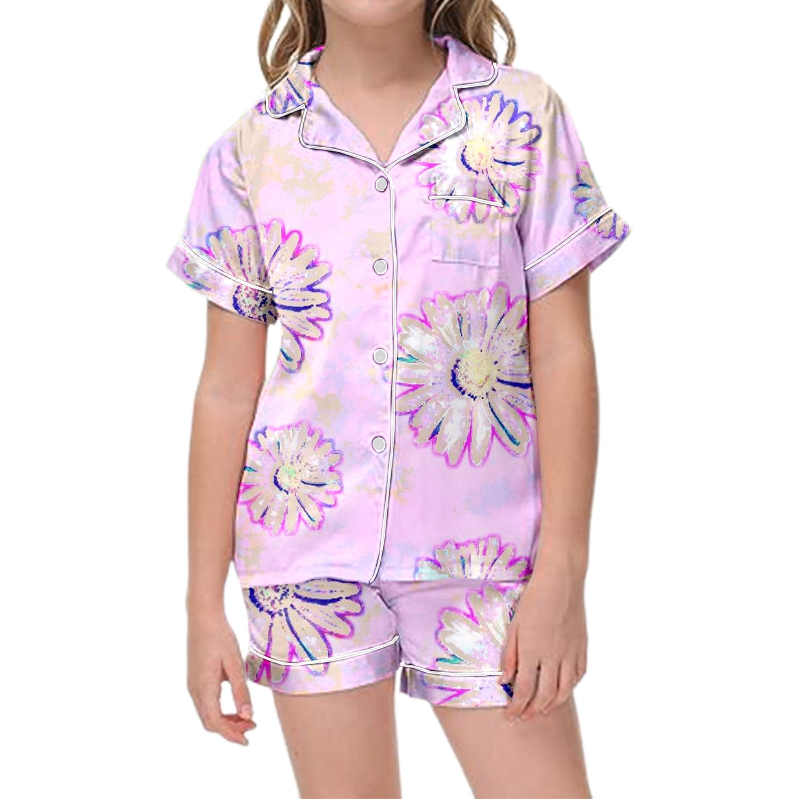 Bjutir Toddler Girls Outfit Set Floral Print Short Sleeve Lapel Neck T ...