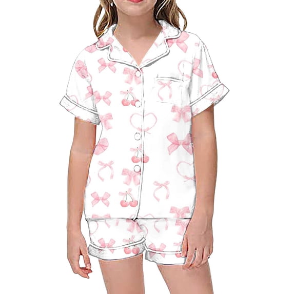 Glisme Toddler Kids Girls Outfit Set Cherry Print Short Sleeve Lapel ...