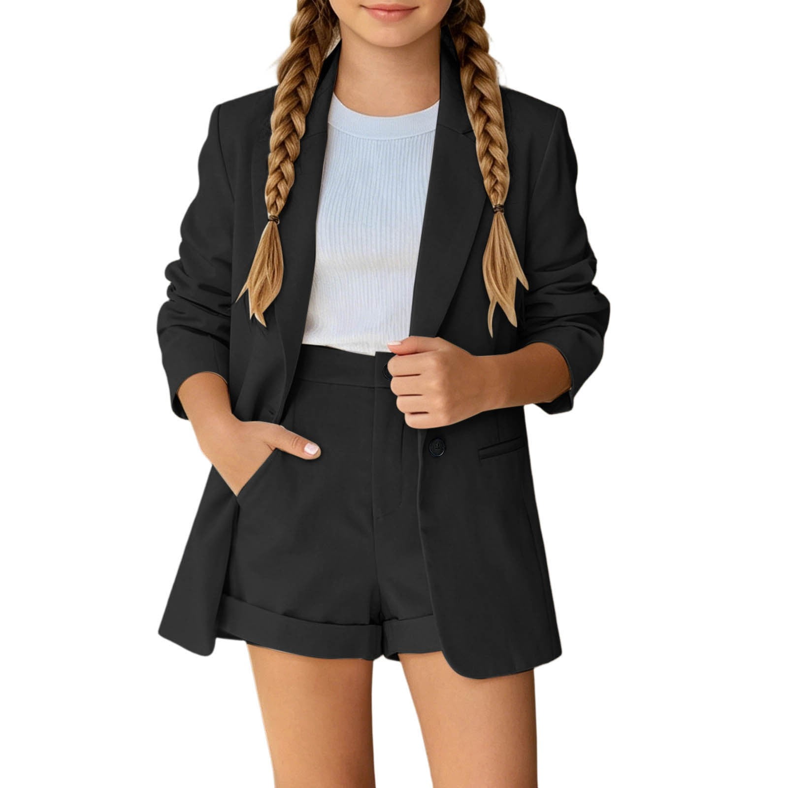 Glisme Toddler Kids Girls Outfit Set Solid Color Long Sleeve Lapel Neck ...