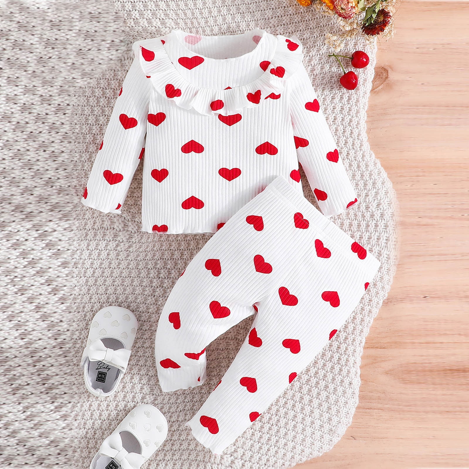 Bjutir Valentines Day Baby Toddler Outfit Set Girls Long Sleeve Ruffles Heart Prints Ribbed T ...