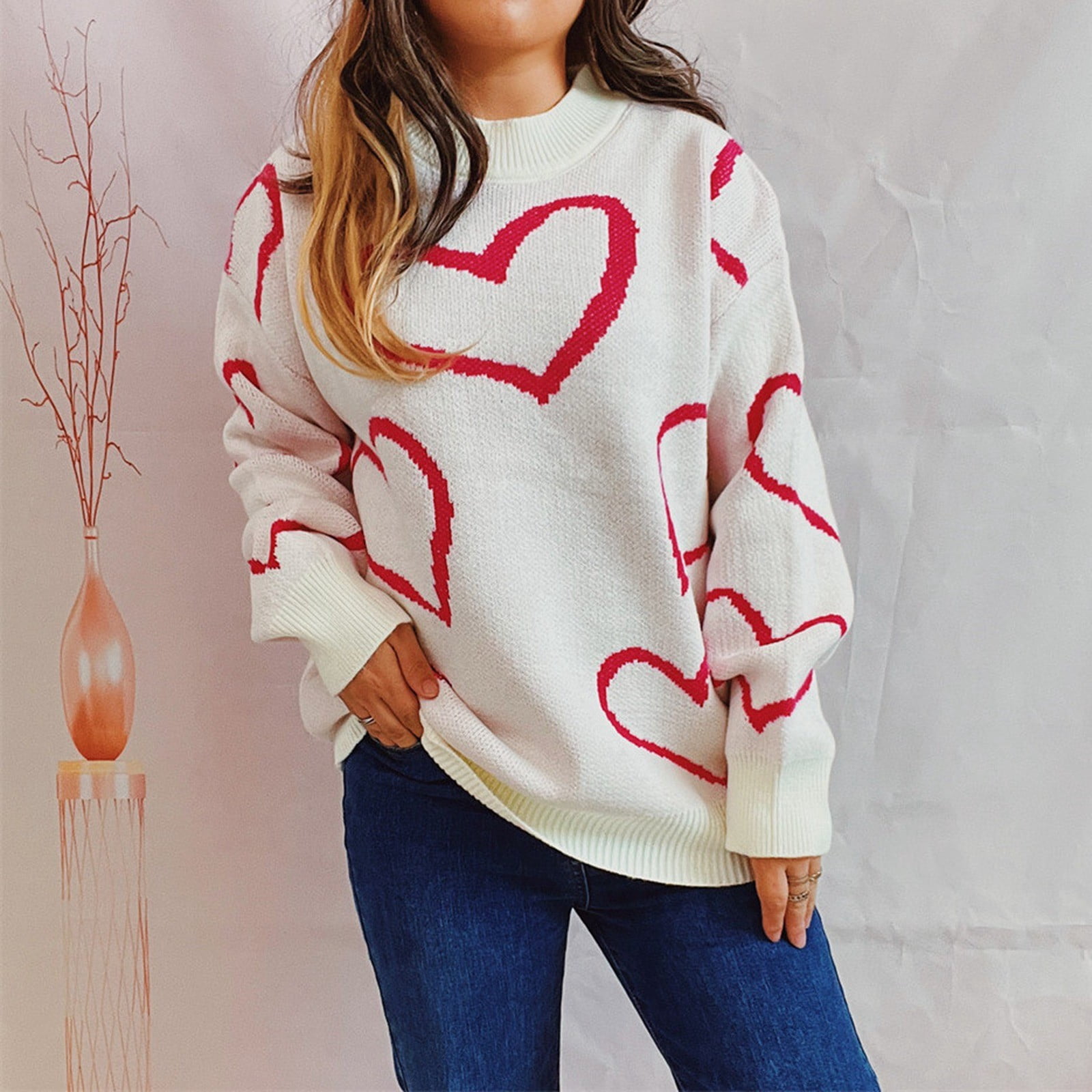 Bjutir Valentines Day Women Tops Fashion Love Pattern Sweater Round ...