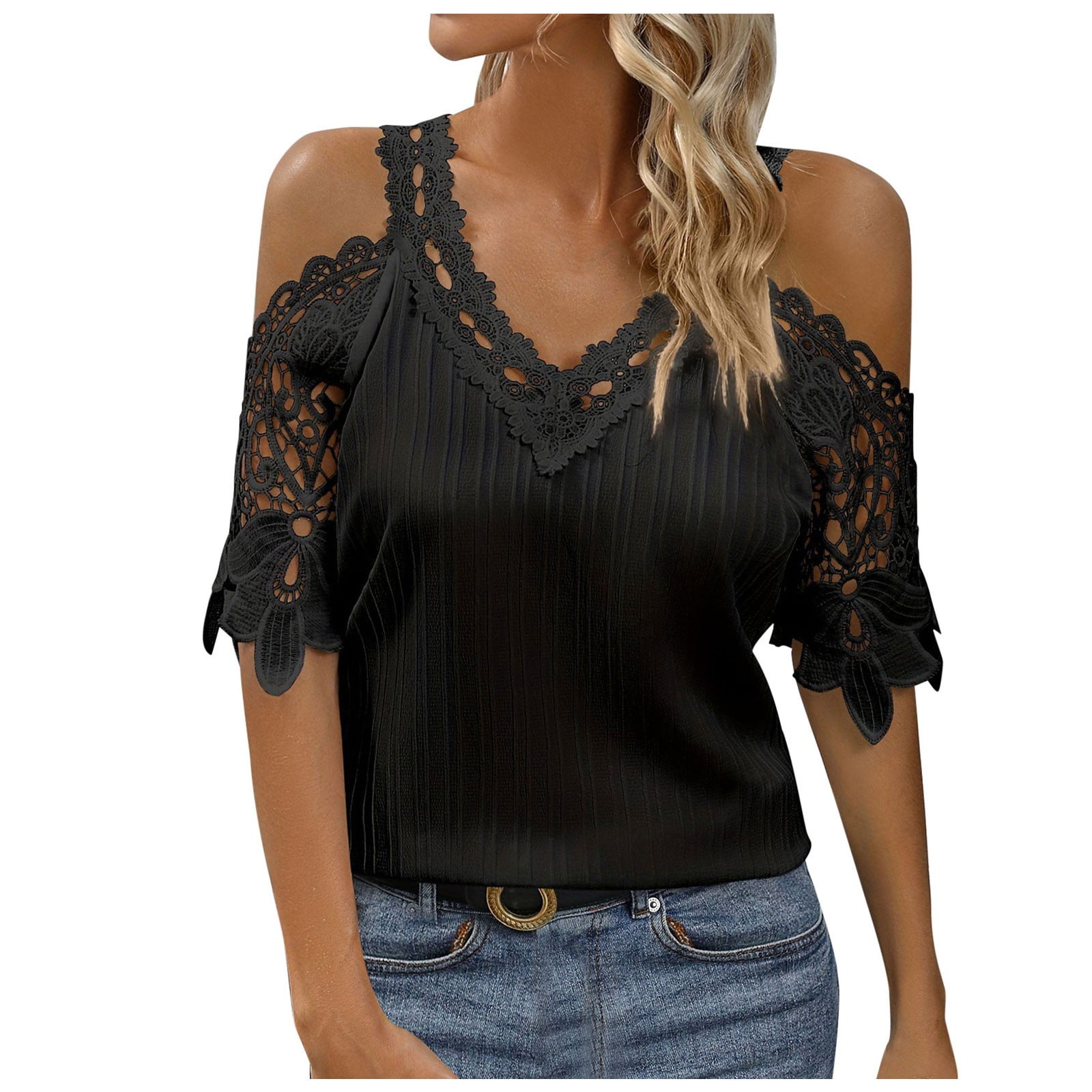 Bjutir Women T-Shirts Tees Solid Color Sexy Lace Top Black M - Walmart.com