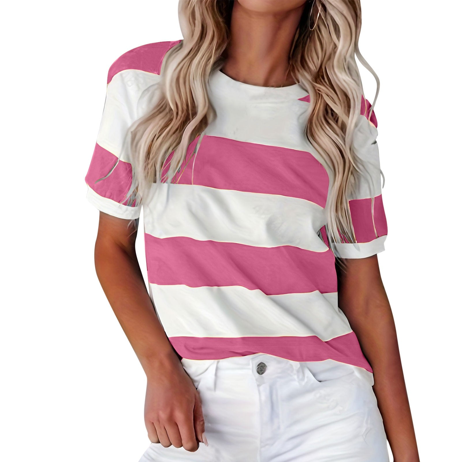Bjutir Women T-Shirts Tees Summer New Fashion Stripe Print Round Neck ...