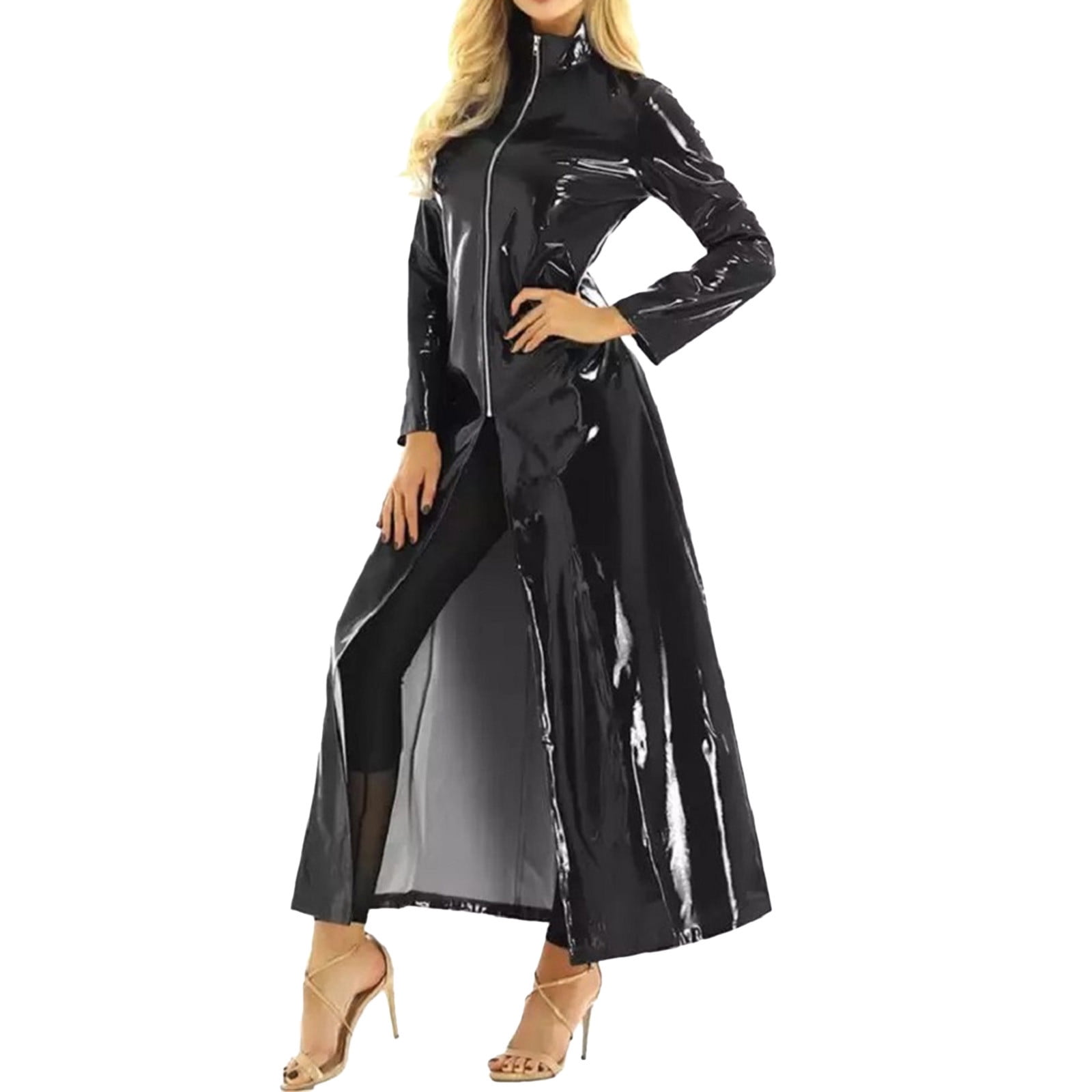 Bjutir Womens Lingeries Zipper Pu Bright Leather Long Skirt Windbreaker