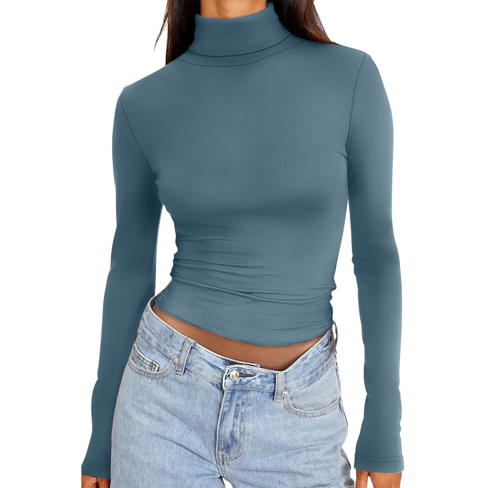 Bjutir Womens Long Sleeve Turtleneck Crop Tops Basic Slim Fitted Going ...
