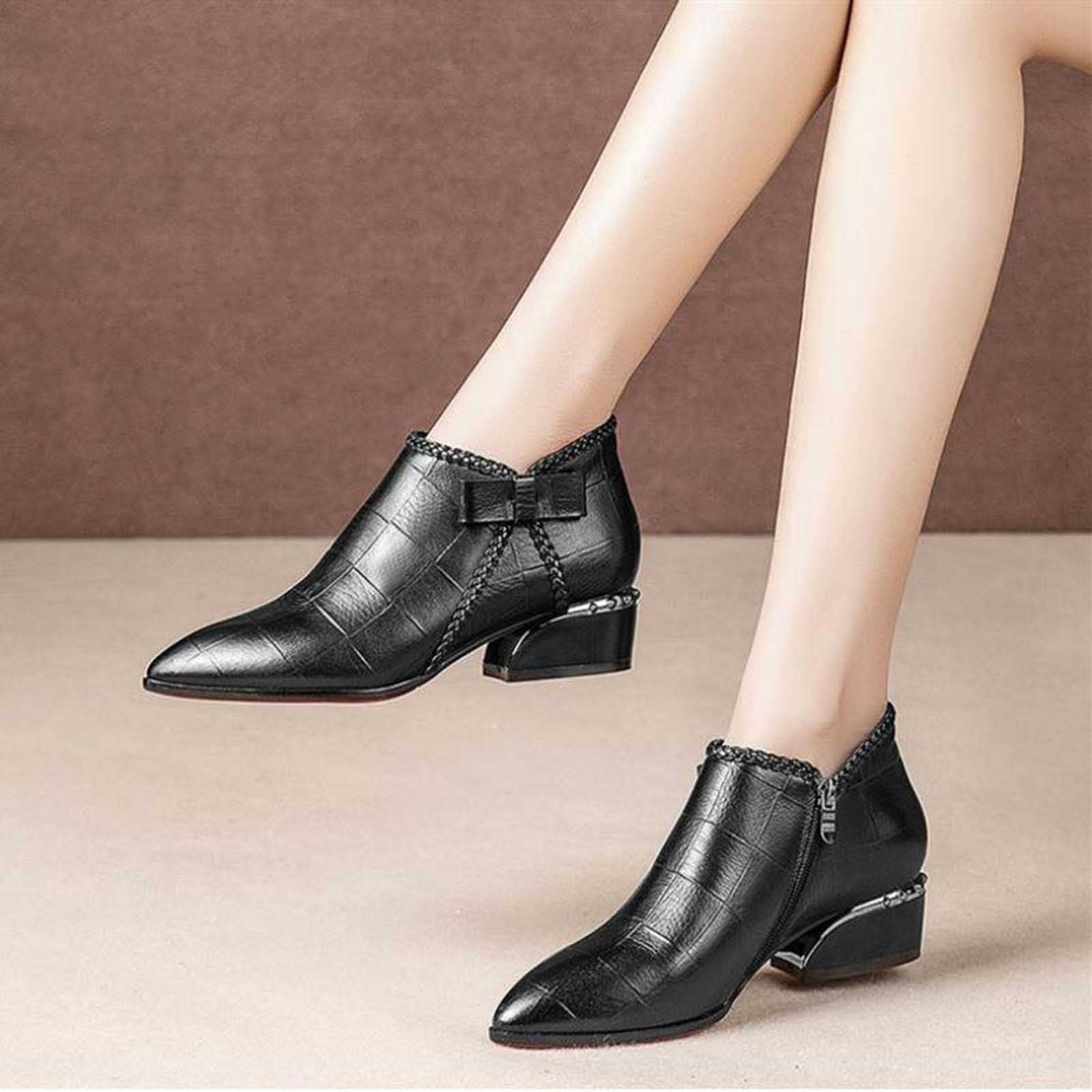 Bkhluea Ankle Boots For Women Pointed Toe Embossed Grid Weave Trim Bow ...