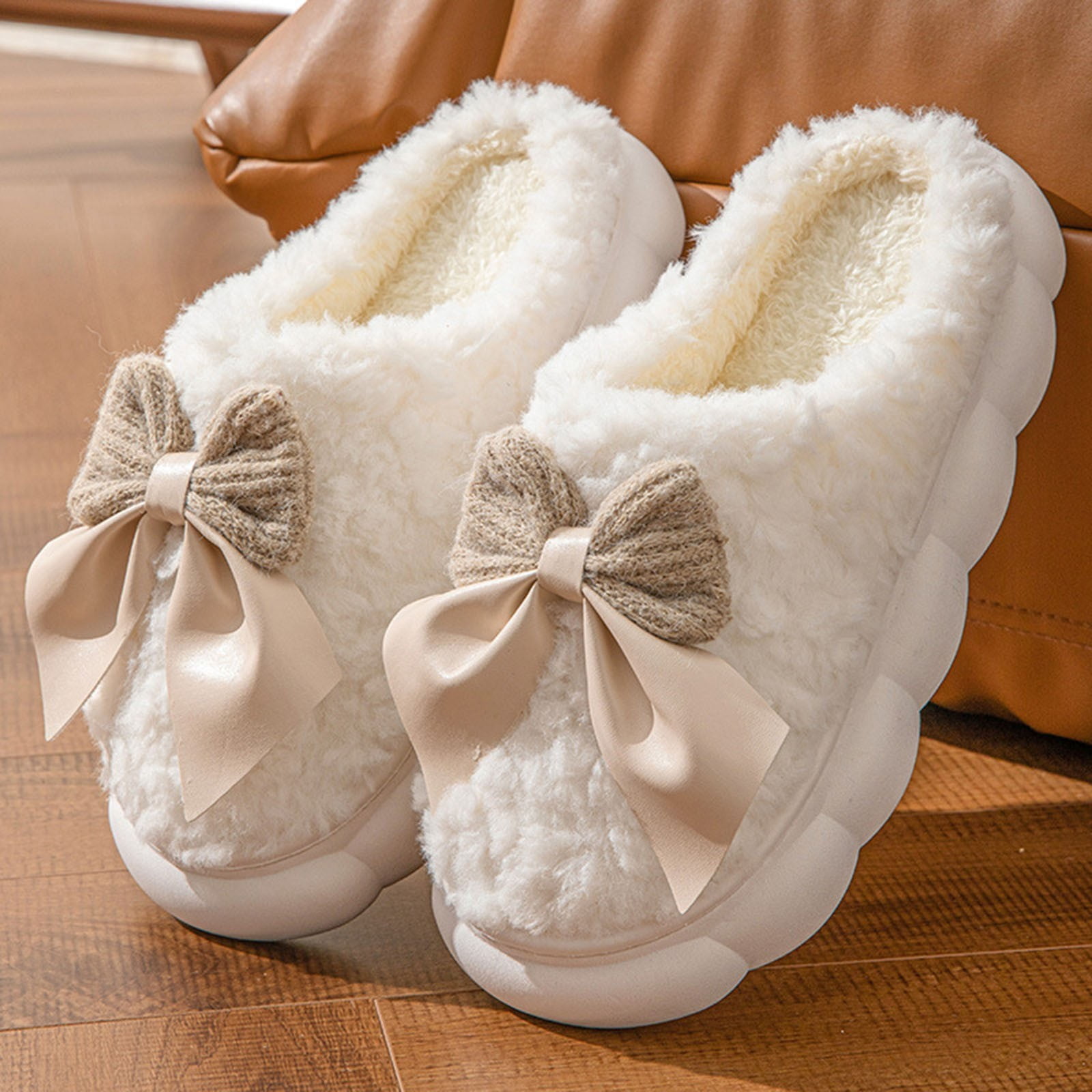 Bkhluea Cute Bow Slippers for Women, Womens Fuzzy Fluffy Cozy Indoor ...