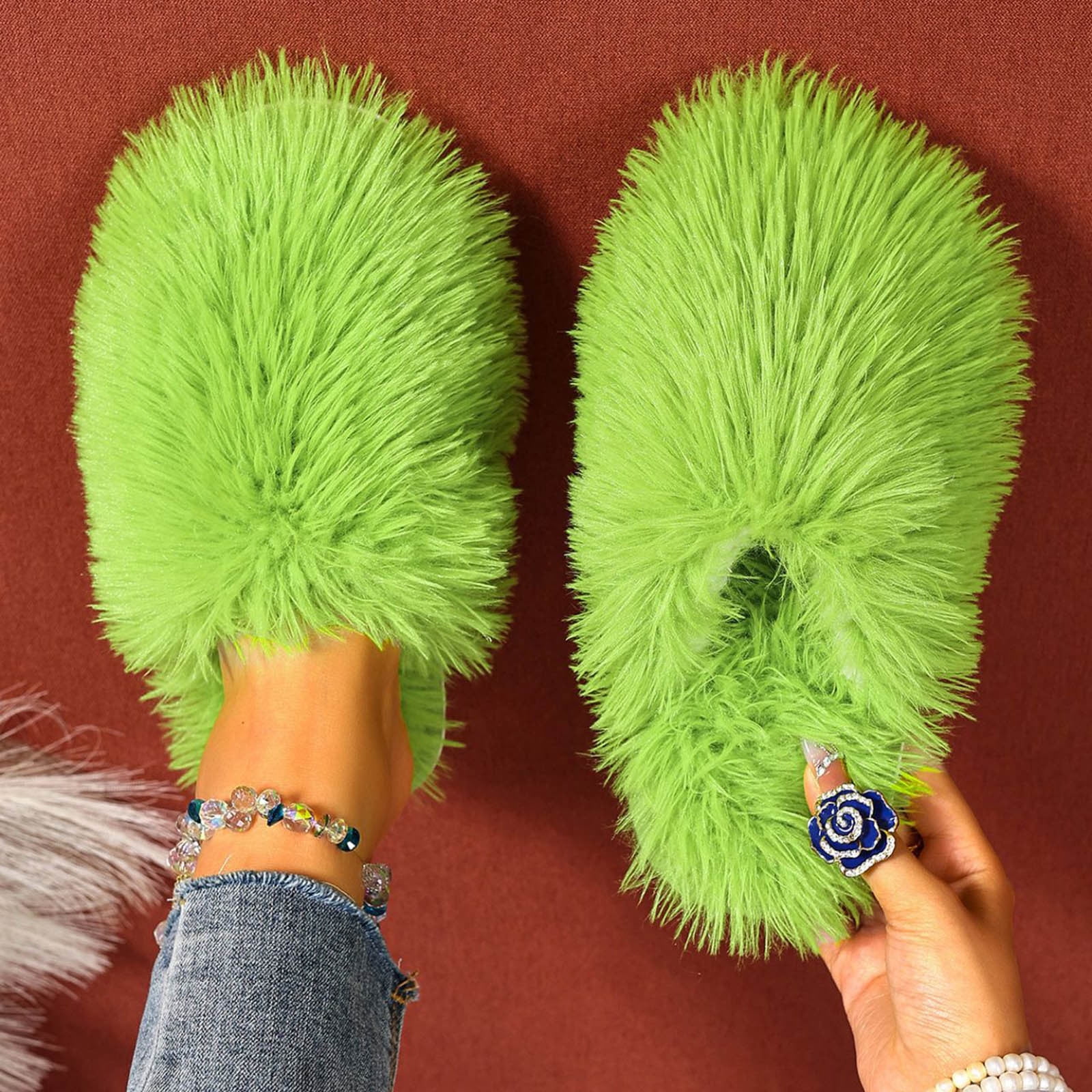 Bkhluea Fuzzy Faux Fur Slippers Women's Fluffy Long Hair Faux Fur Slip ...