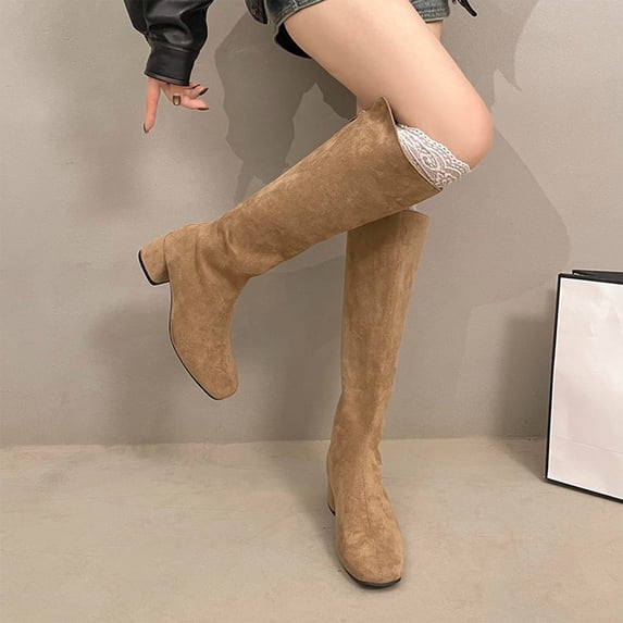 Bkhluea Knee High Boots For Women Matte Faux Suede Square Toe Low ...