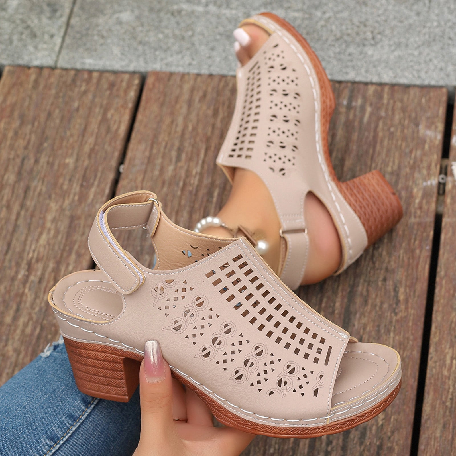 Bkhluea Women Block Heel Slingback Sandals Cutout Geometric Shoes ...