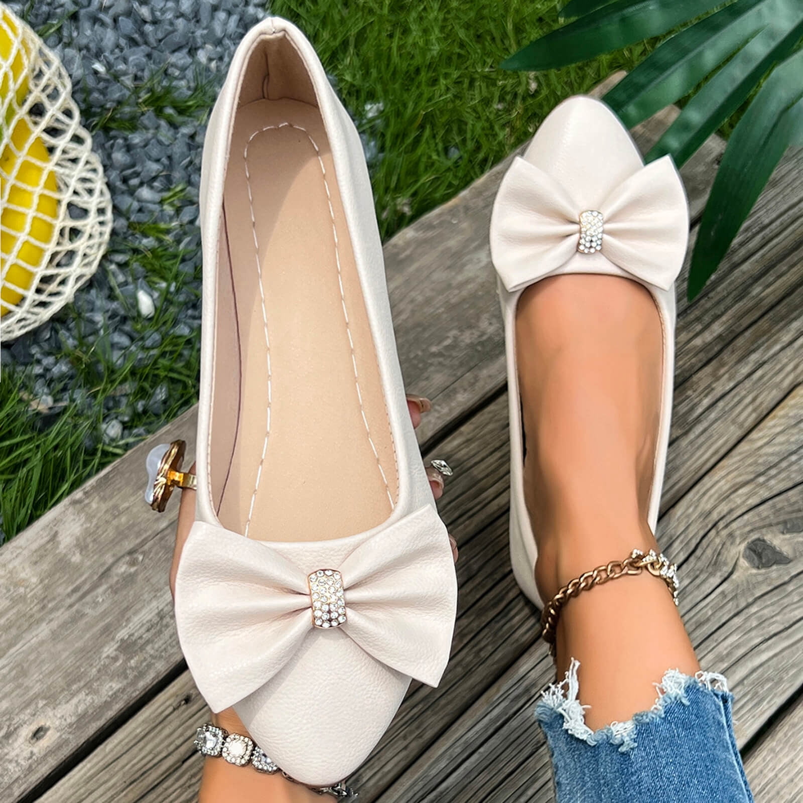 Bkhluea Women Bow Accent Rhinestone Slip On Ballet Flats Comfortable ...