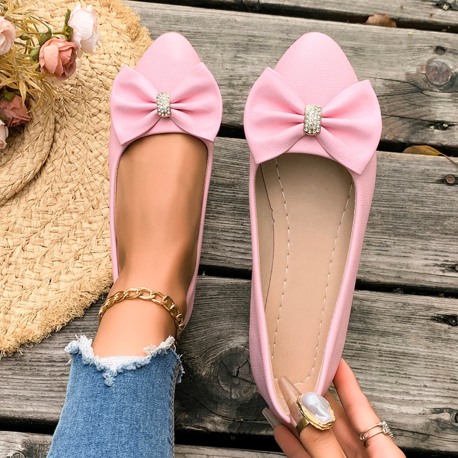 Bkhluea Women Bow Accent Rhinestone Slip On Ballet Flats Comfortable ...