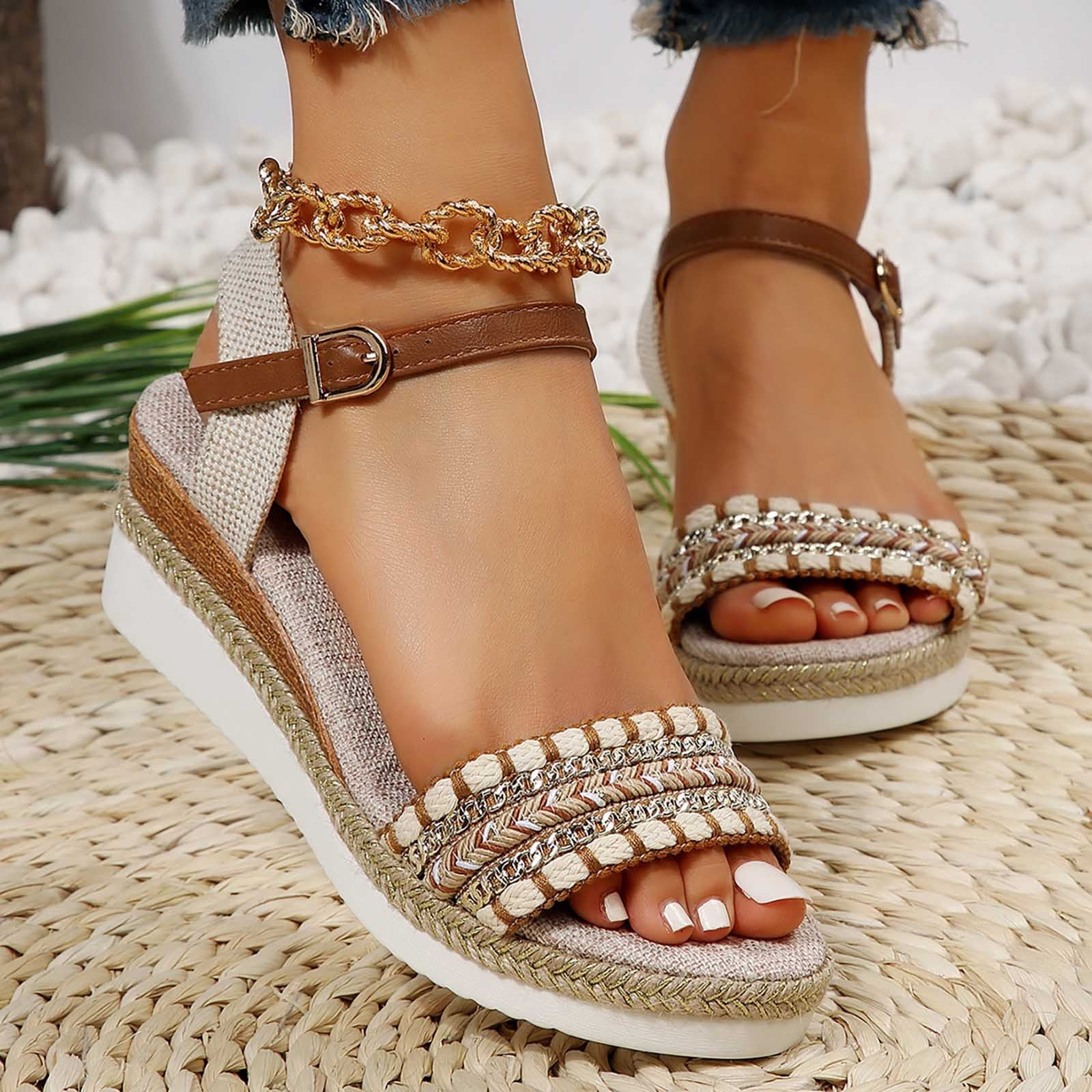 Bkhluea Women Braided Strap Espadrille Wedge Sandals Comfortable ...