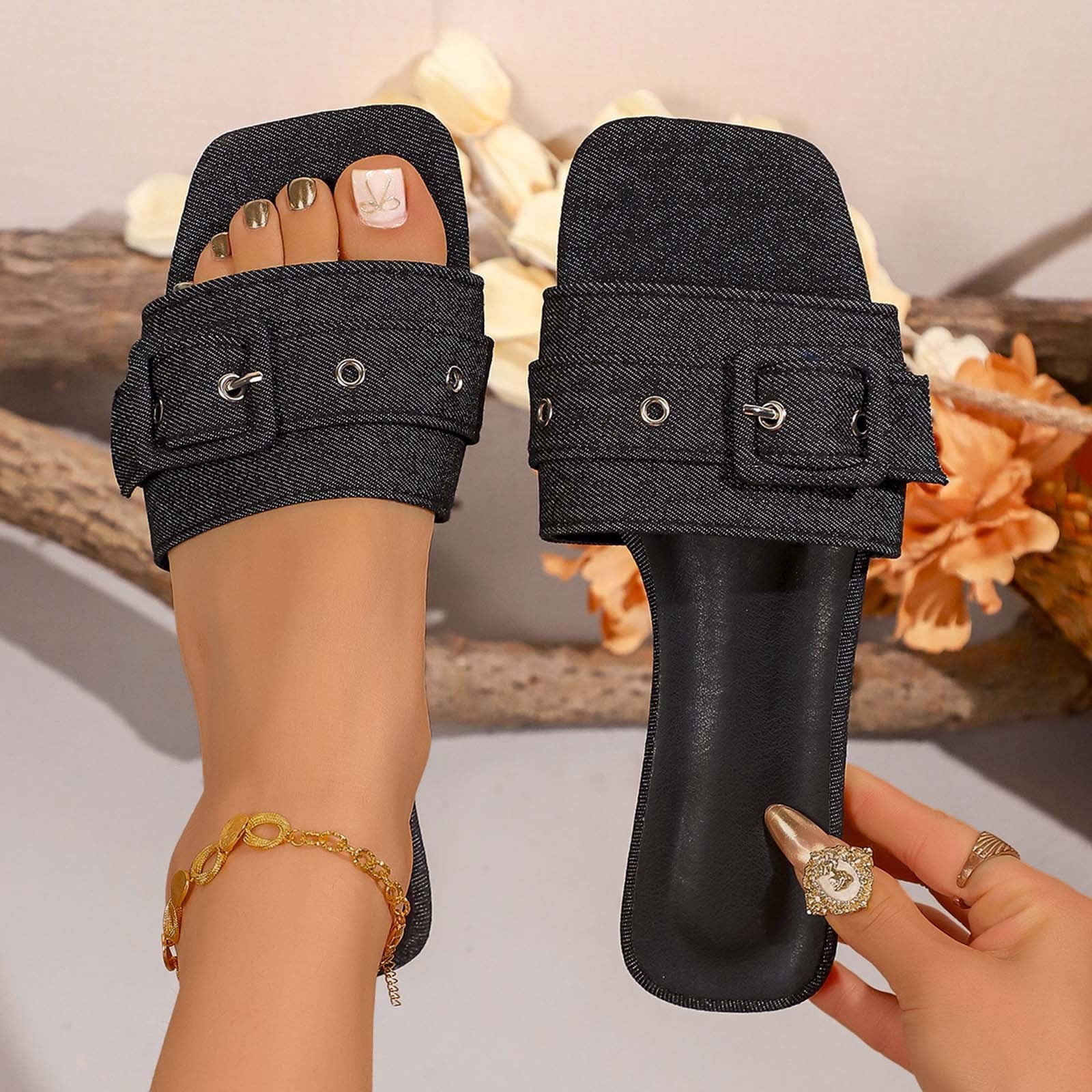Bkhluea Women Buckle Detail Fabric Slide Sandals Comfortable Footwear ...