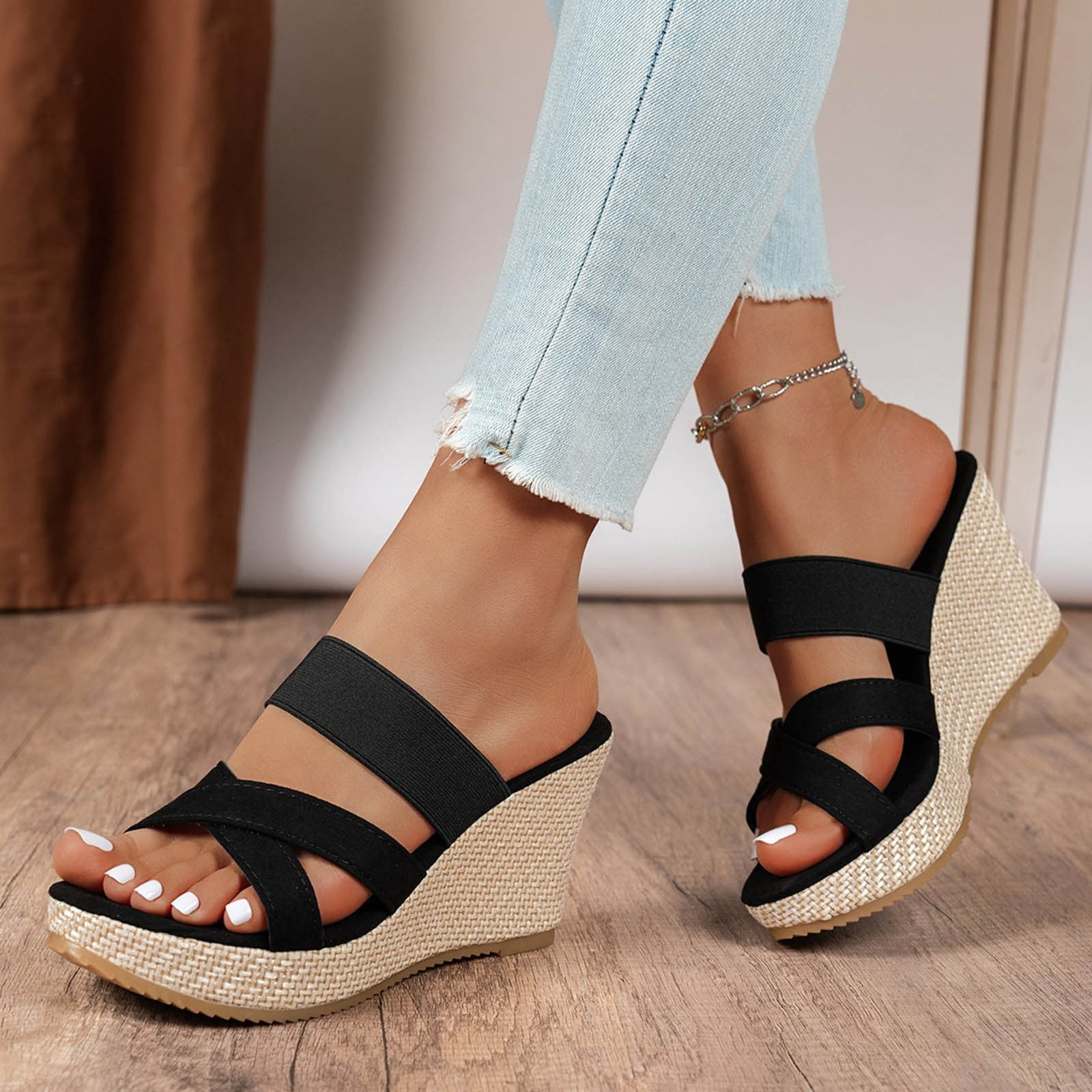 Bkhluea Women Crisscross Suede Elastic Band Wedge Slide Sandals Slip On ...