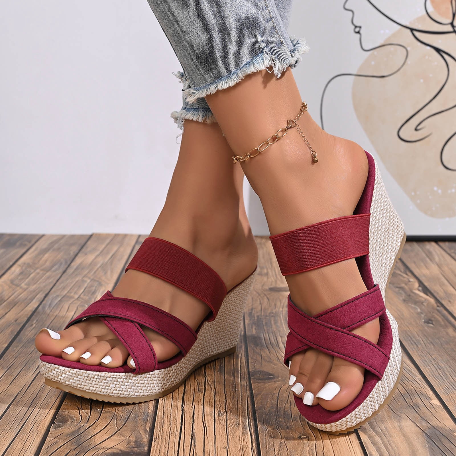 Bkhluea Women Crisscross Suede Elastic Band Wedge Slide Sandals Slip On ...