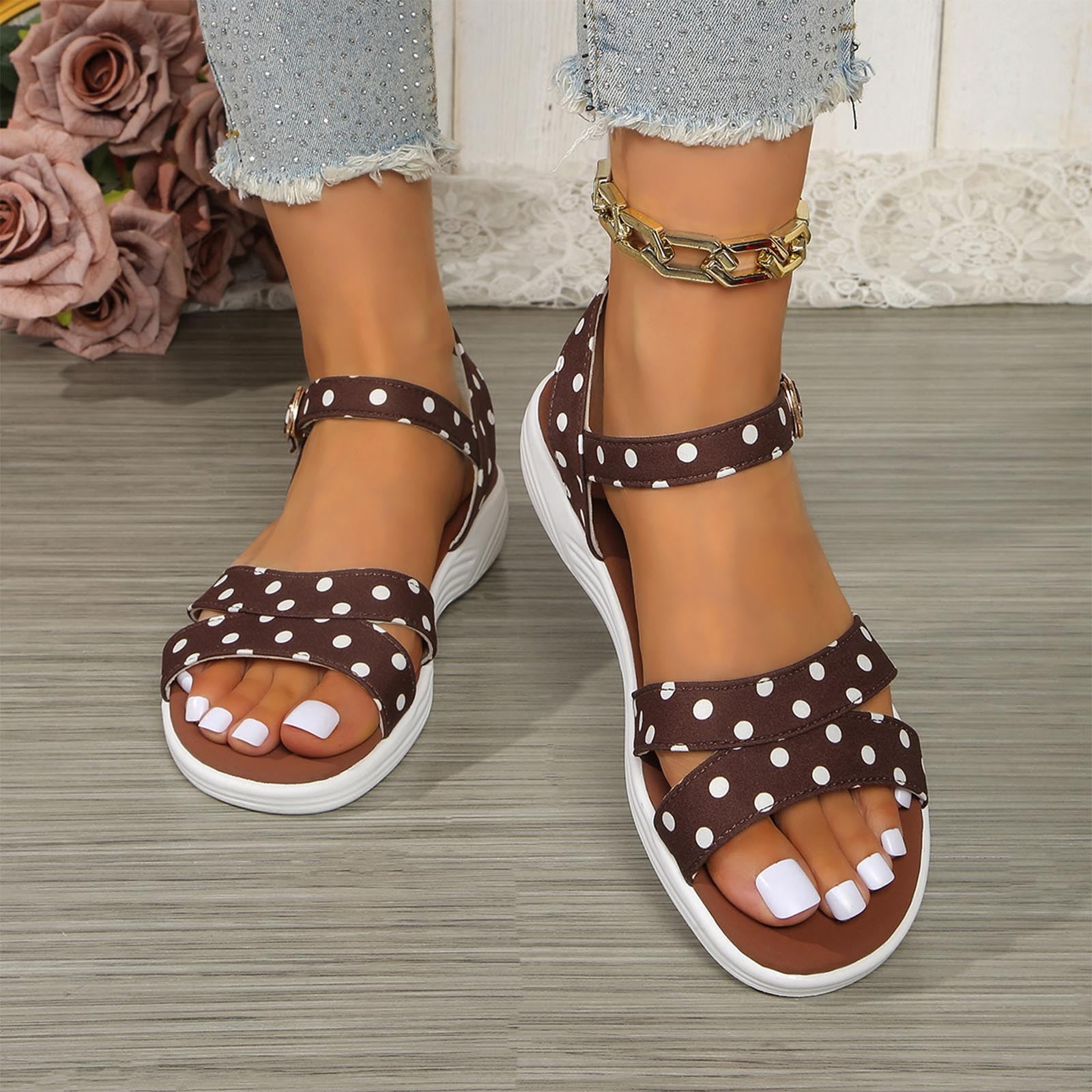 Bkhluea Women Cross Polka Dot Ankle Buckle Wedge Platform Sandals Wave ...
