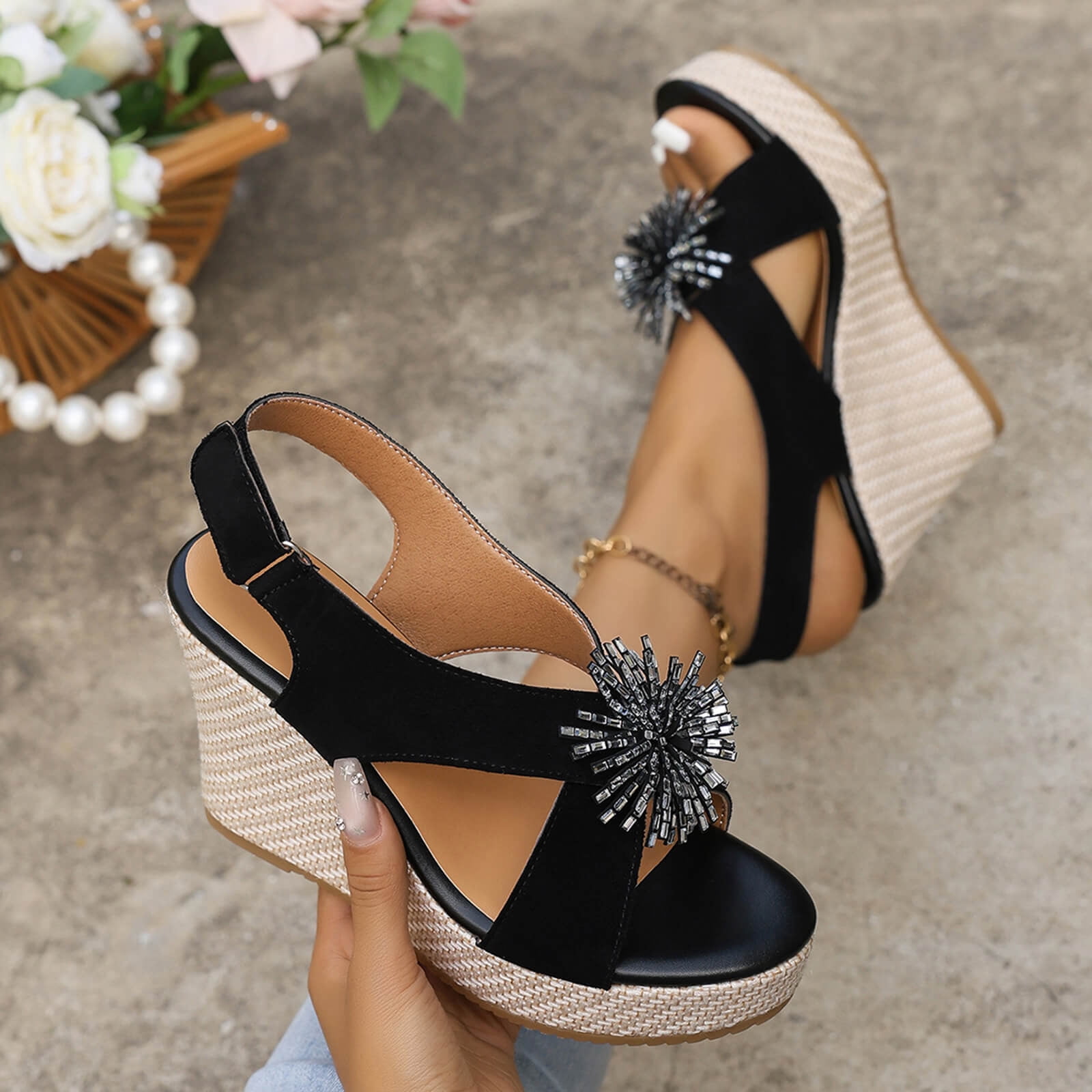 Bkhluea Women Cross Strap Rhinestone Burst Wedge Espadrille Sandals ...