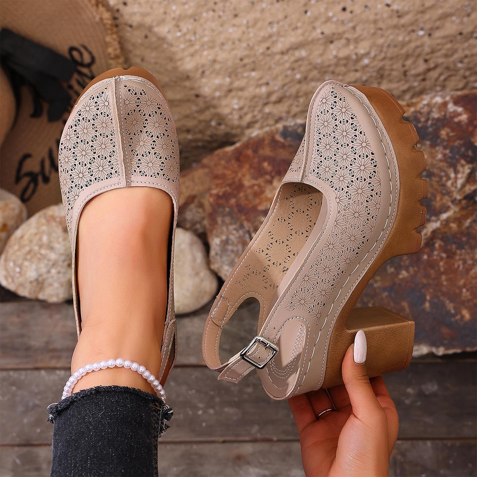 Bkhluea Women Cutout Slingback Platform Block Heel Sandals Comfortable ...