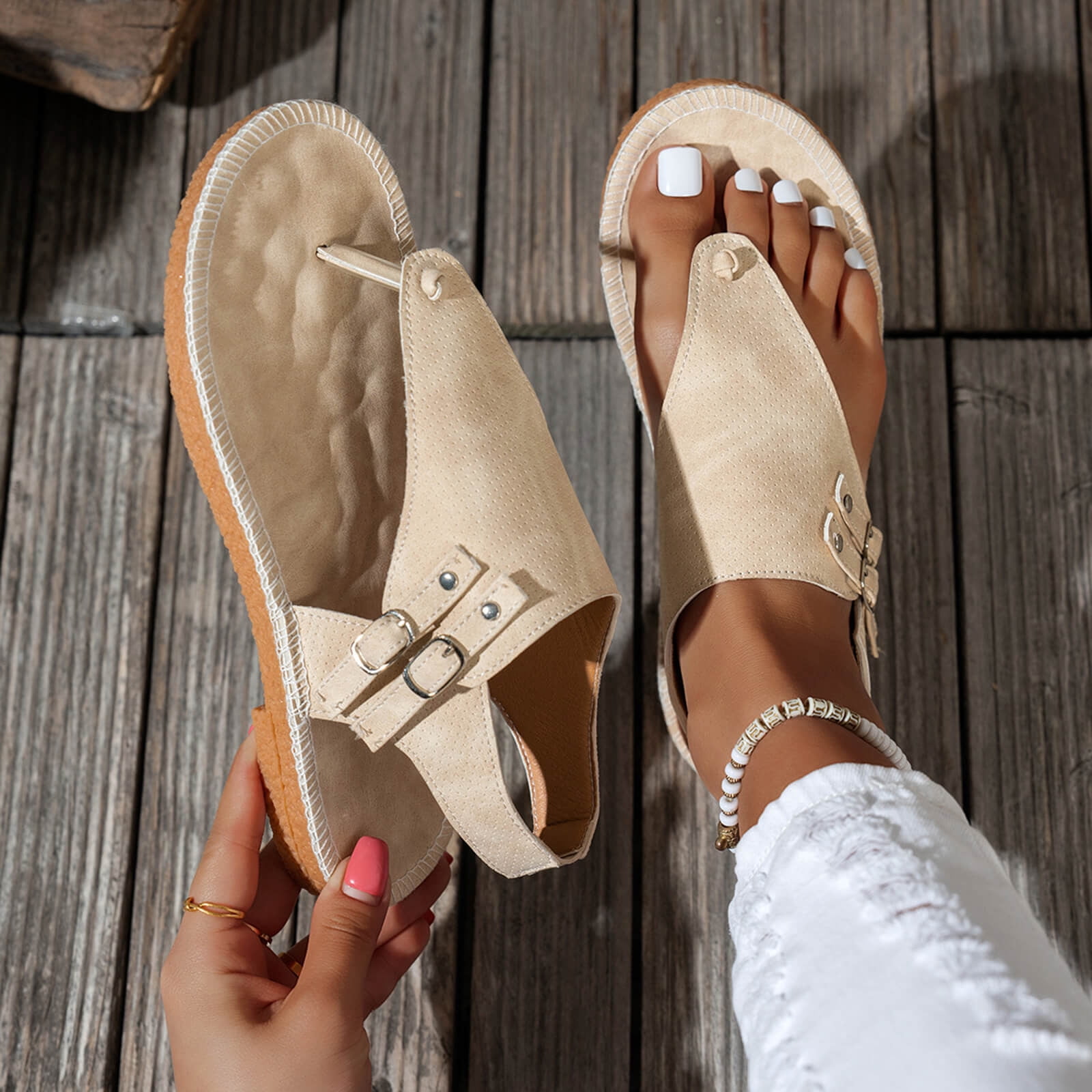 Bkhluea Women Double Buckle Thong Ankle Strap Flat Sandals Perforated ...