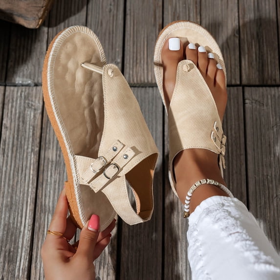 Bkhluea Women Double Buckle Thong Ankle Strap Flat Sandals Perforated ...