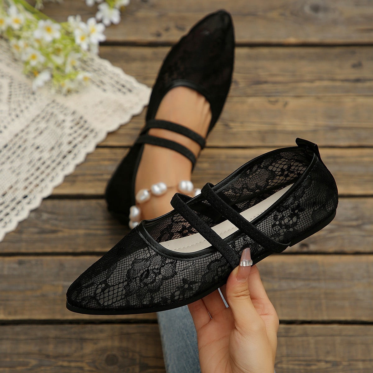 Bkhluea Women Double Strap Sheer Lace Pointed Toe Slip On Flats ...