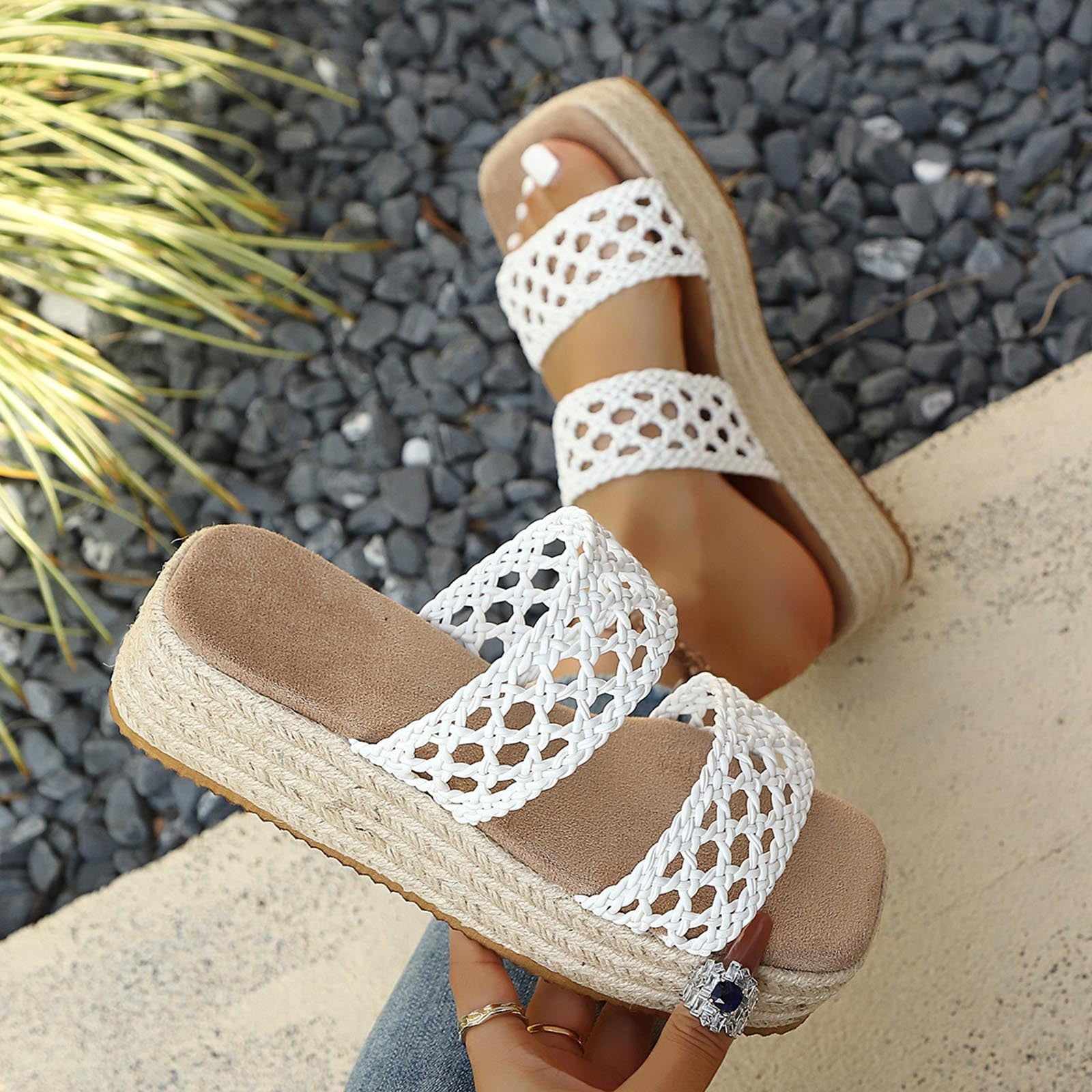 Bkhluea Women Double Woven Hollow Strap Espadrille Platform Slide ...