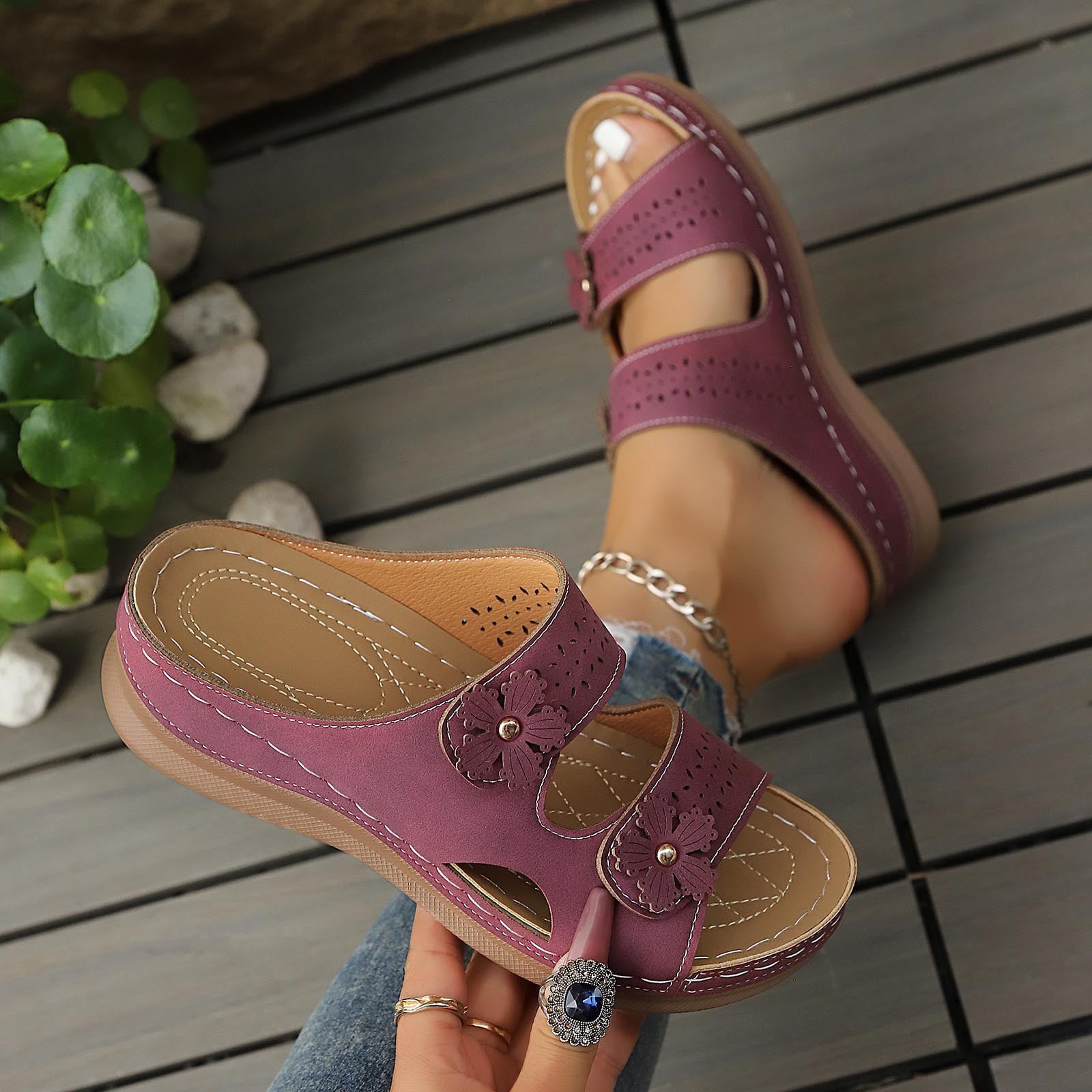 Bkhluea Women Dual Floral Perforated Wedge Slide Sandals Stitched ...
