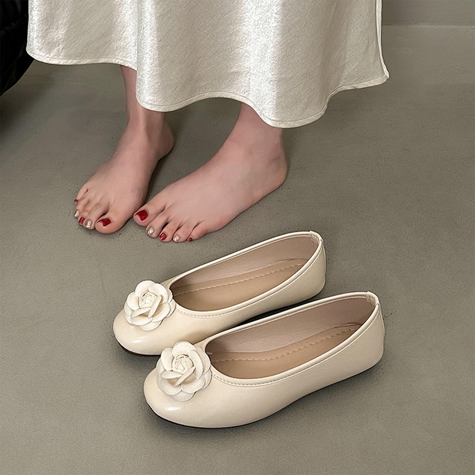 Bkhluea Women Fabric Flower Accent Slip On Ballet Flats Comfortable ...